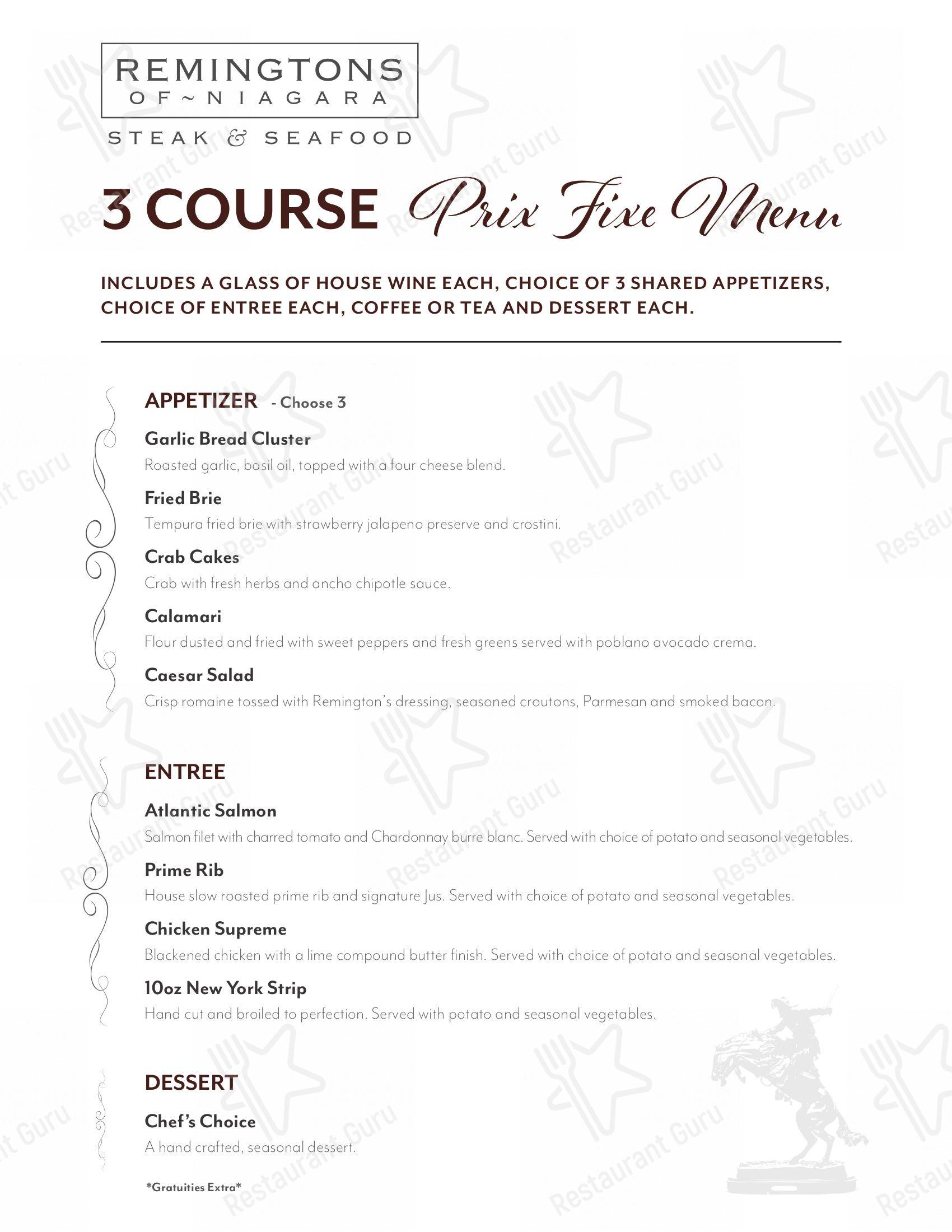 Menu at Remingtons of Niagara pub & bar, Niagara Falls
