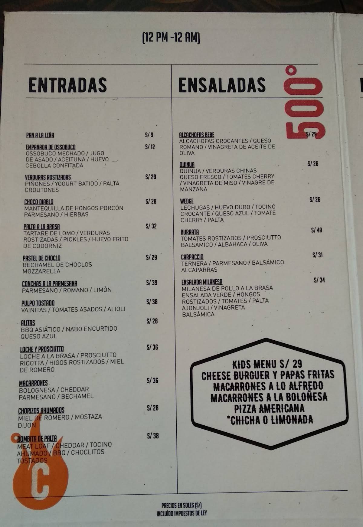 Carta del restaurante 500 GRADOS by Jaime Pesaque, Lima