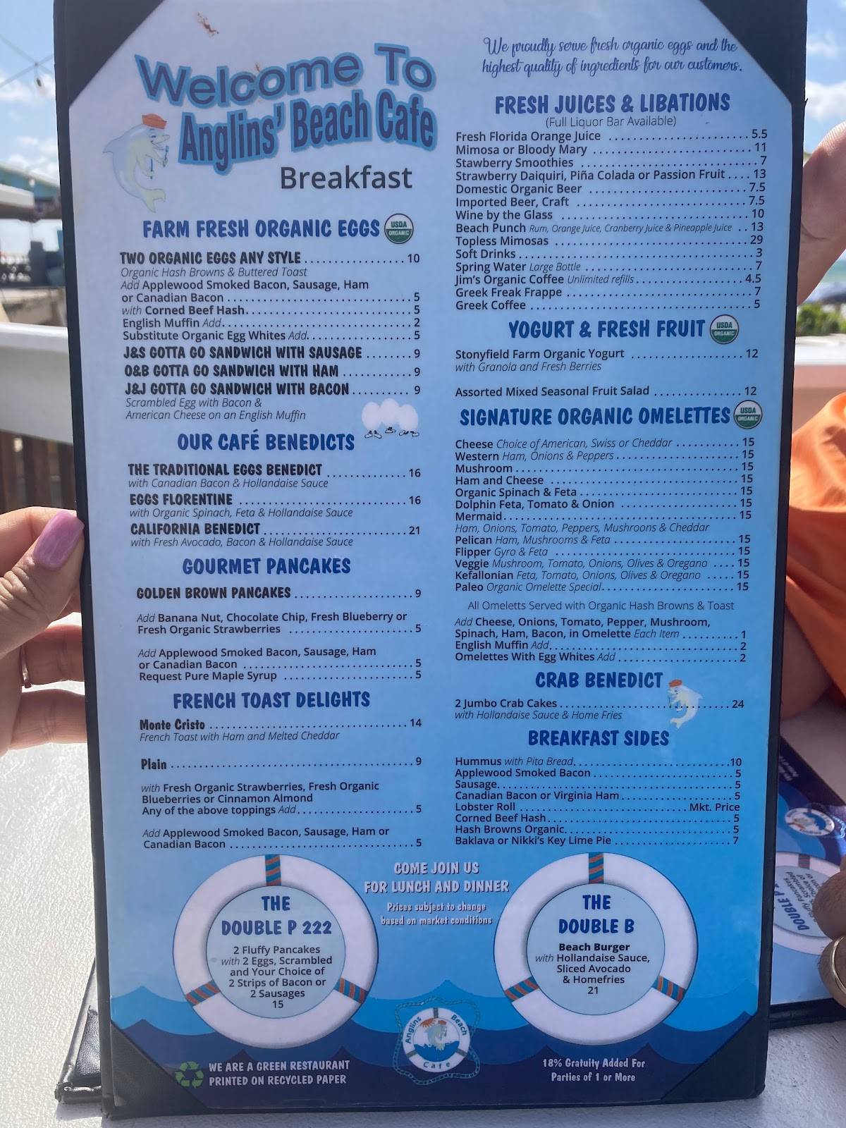 Menu at Anglins beach cafe, Lauderdale-by-the-Sea, 2 Commercial Blvd