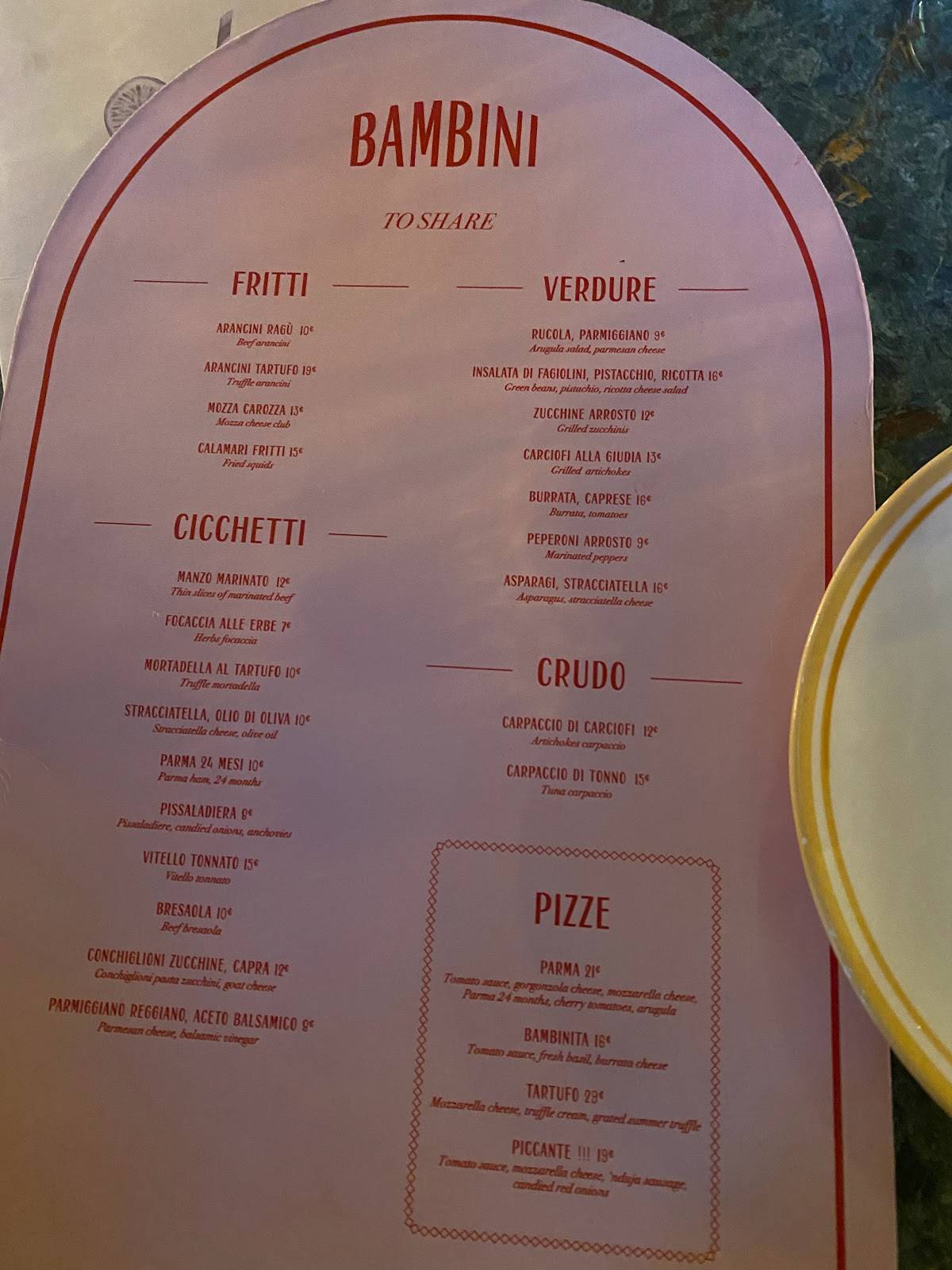 Menu at Bambini Paris restaurant, Paris, Palais De Tokyo