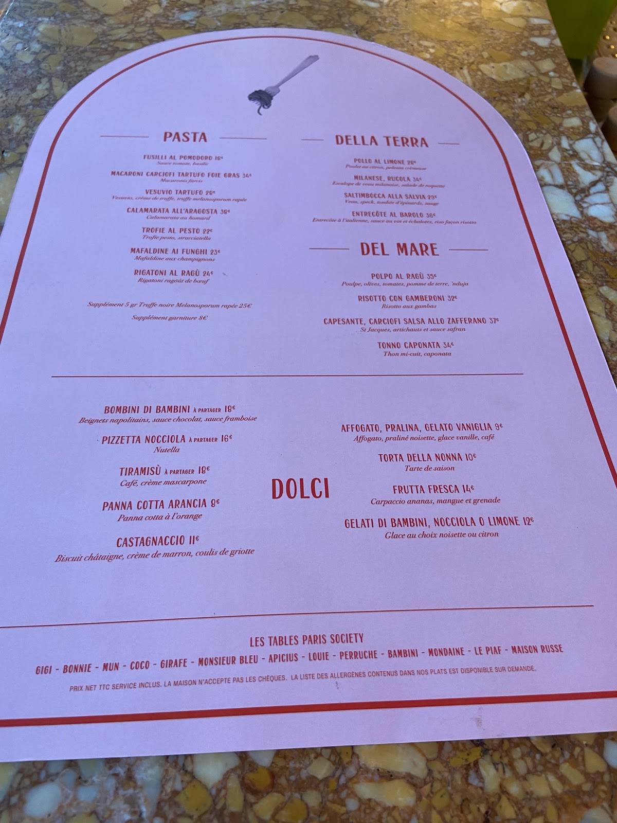 Menu at Bambini Paris restaurant, Paris, Palais De Tokyo