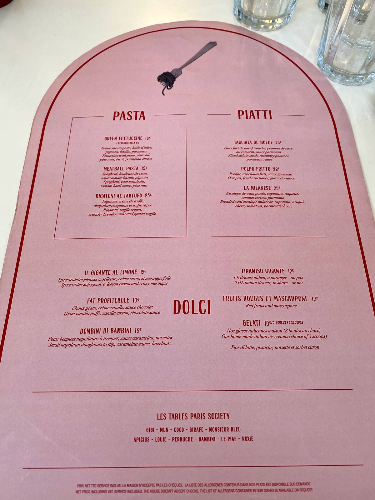 Menu at Bambini Paris restaurant, Paris, Palais De Tokyo