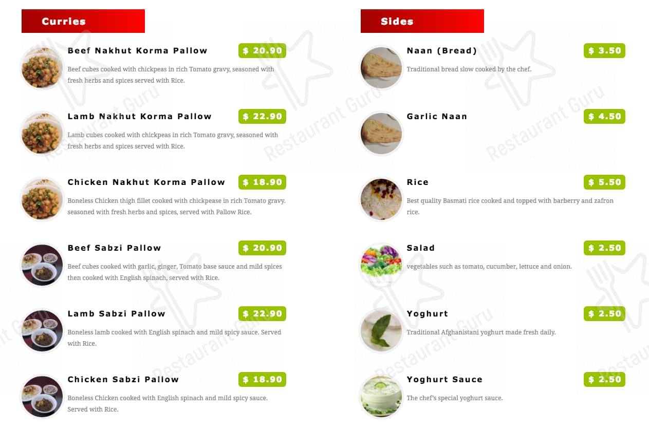 Menu at Bamiyan Restaurant, Norman Park