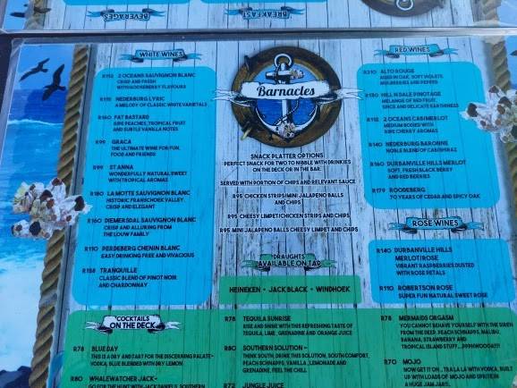 Menu at Barnacles Restaurant, Port Elizabeth