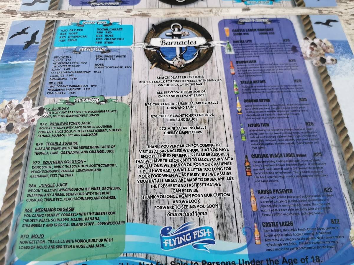 Menu at Barnacles Restaurant, Port Elizabeth