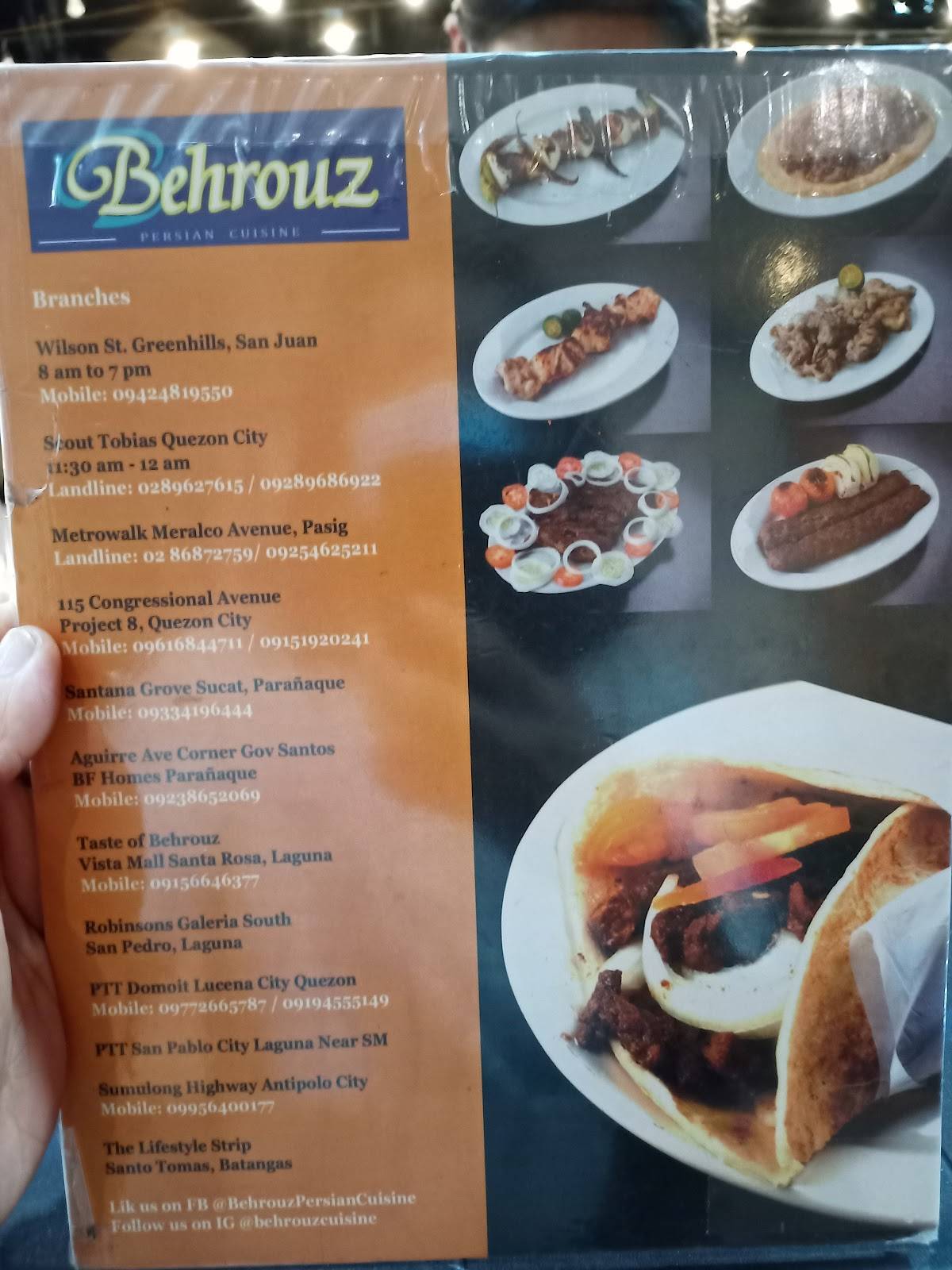 Menu at Behrouz Persian Cuisine restaurant, Quezon City, 50 Sct. Tobias St