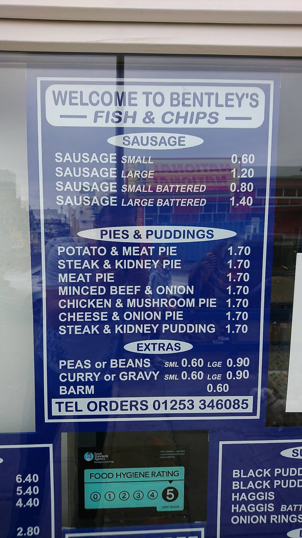 Menu at Bentley's Fish & Chip Shop restaurant, Blackpool