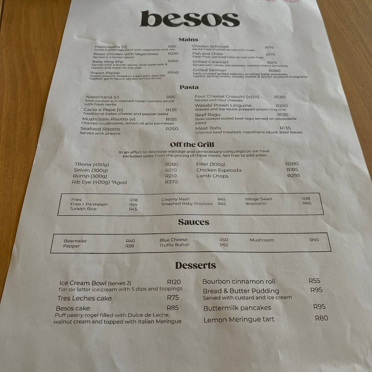 Menu at Besos Restaurant, Randburg