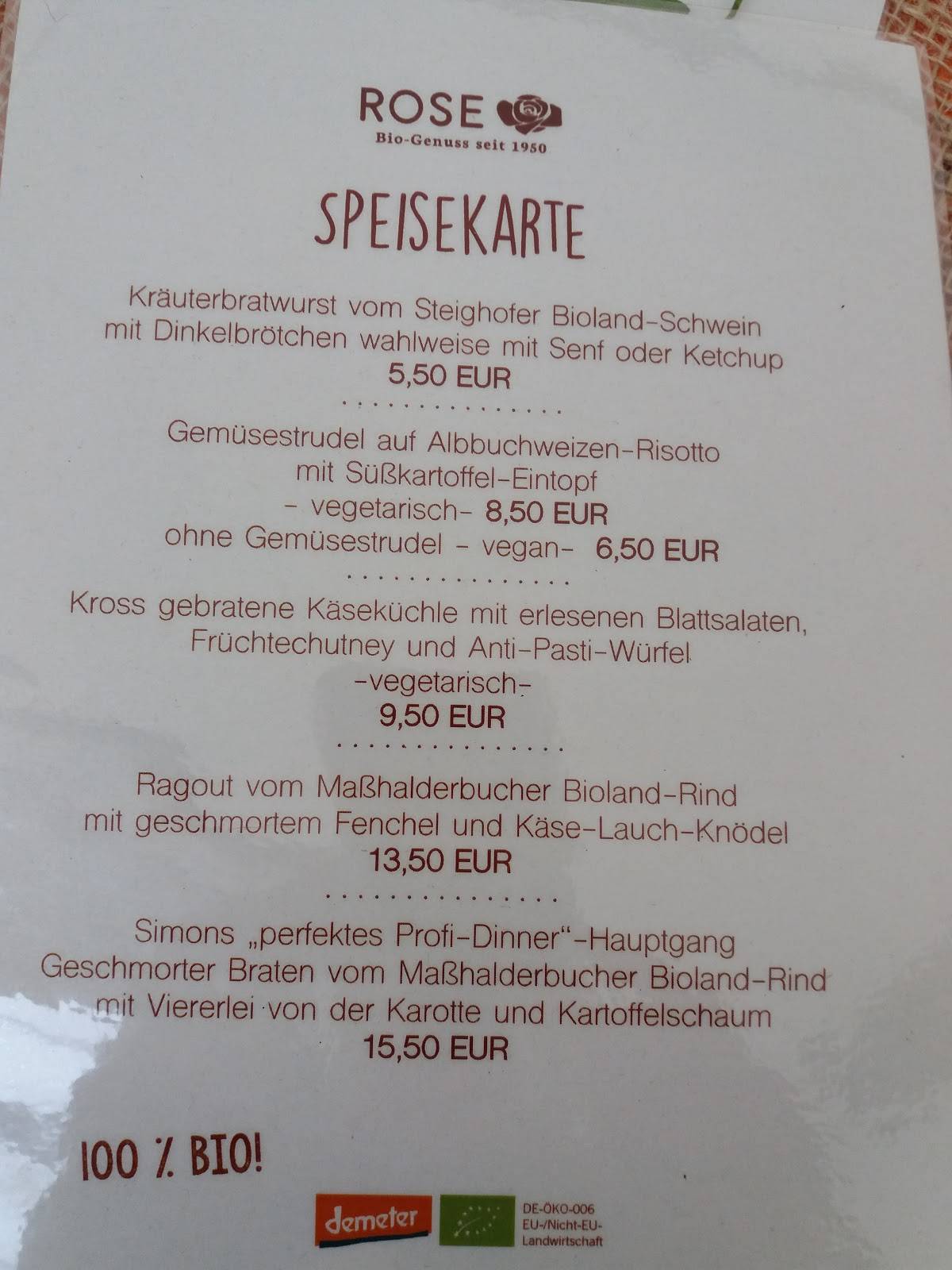 Speisekarte von Biohotel-Restaurant Rose (Tress Gastronomie GmbH & Co ...