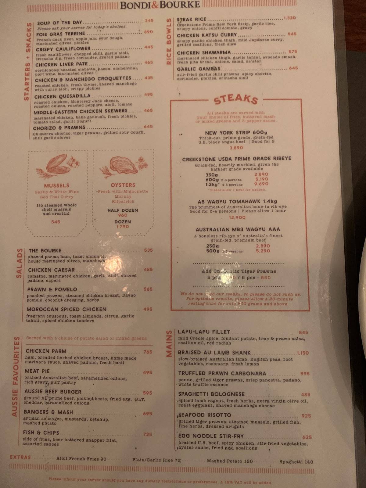 Menu at Bondi&Bourke Davao restaurant, Davao City