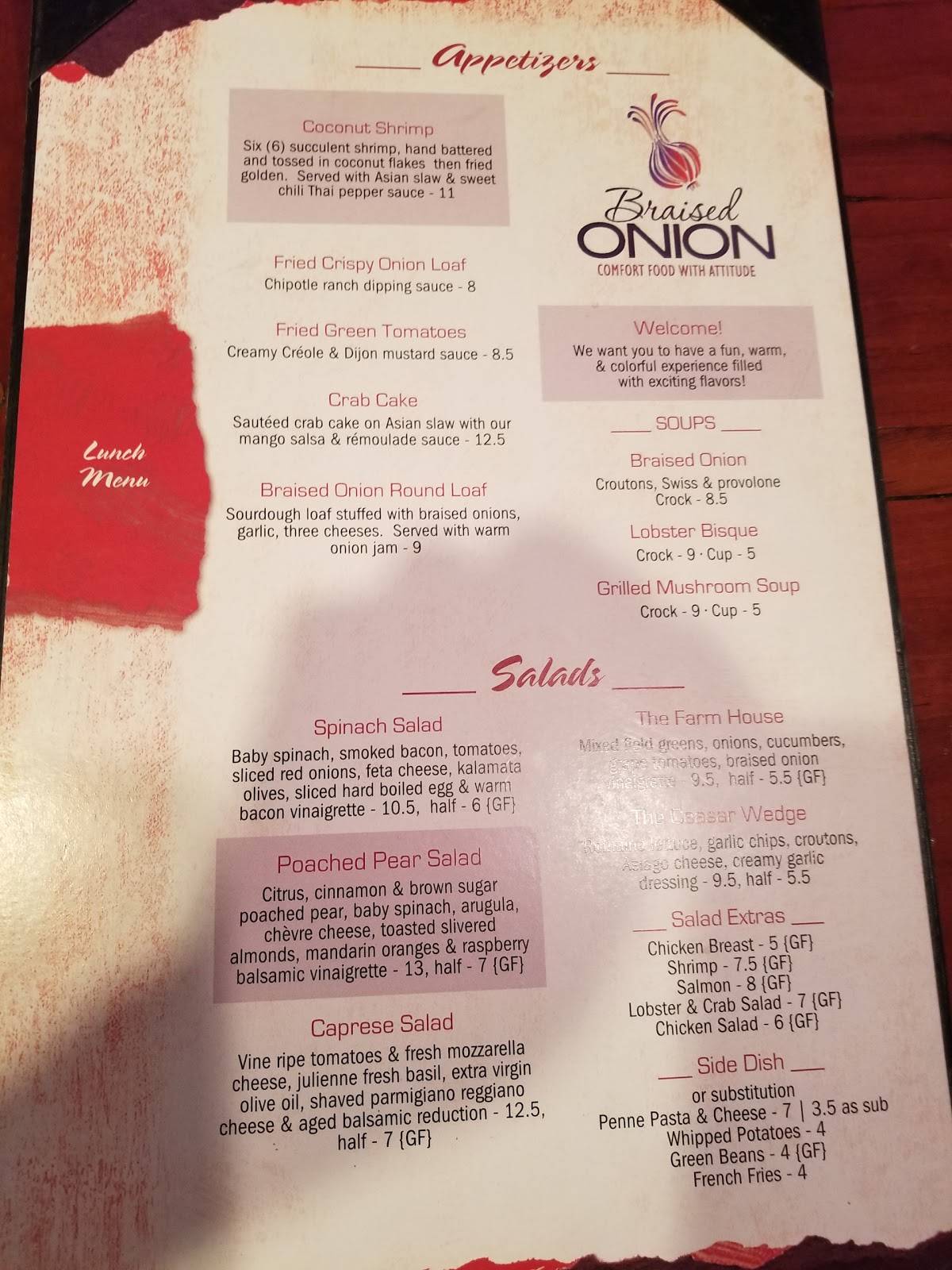 Menu at Braised Onion restaurant, Ocala