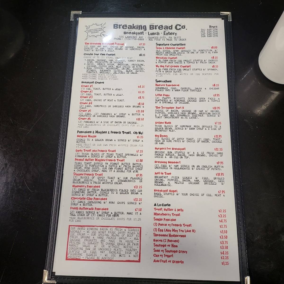 Menu at Breaking Bread Co. restaurant, Ellwood City