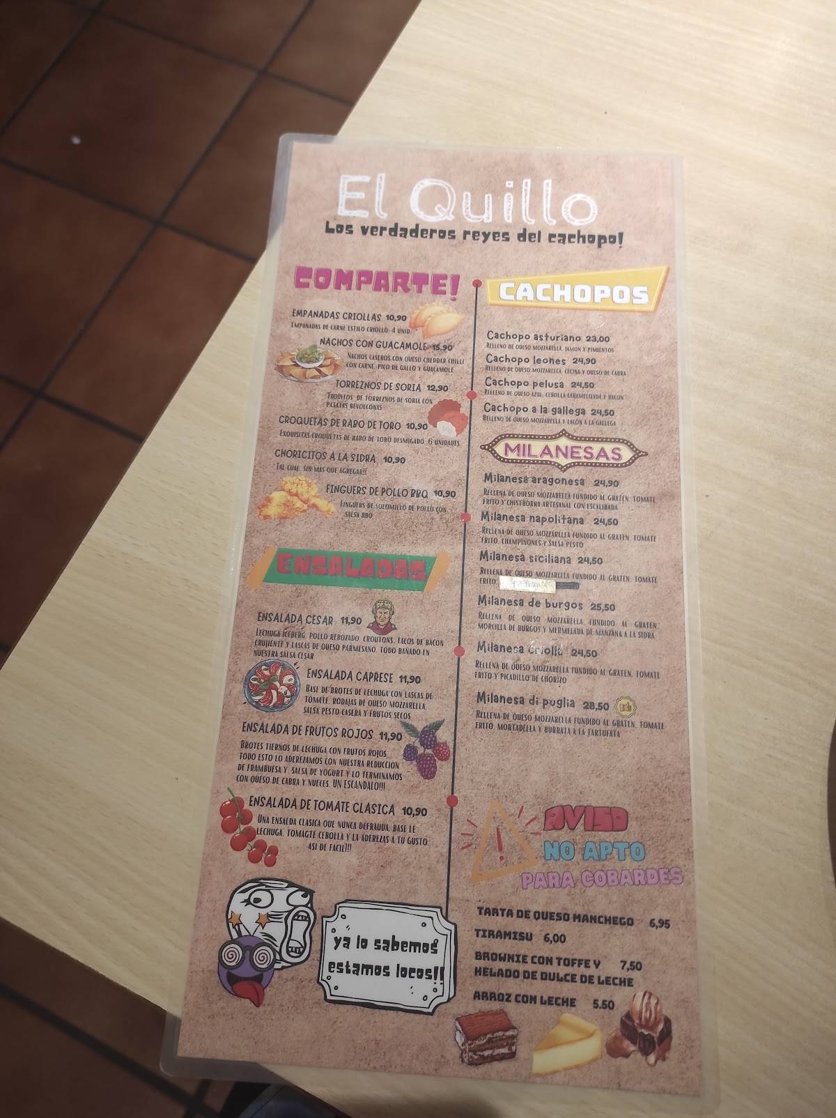 Carta del restaurante Cachopos El Quillo, Getafe