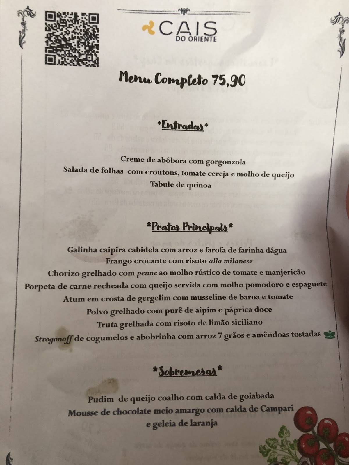 Menu em Cais do Oriente restaurante, Rio de Janeiro, R. Visc. de Itaboraí