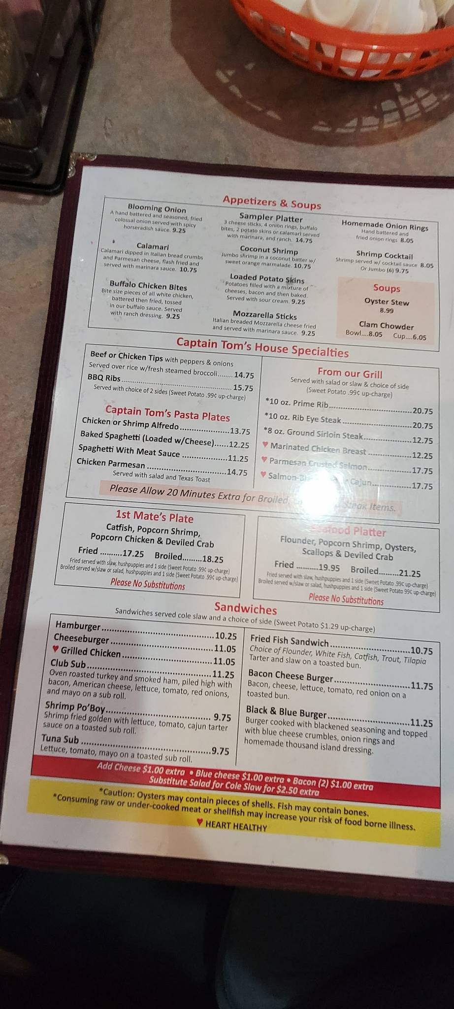 Menu at Captain Tom's Seafood restaurant, Martinsville