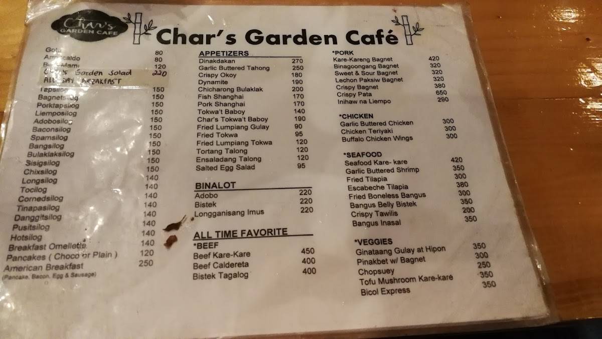 Menu at Char's Garden Cafe - Tagaytay, Laurel, 4W3G+QWP
