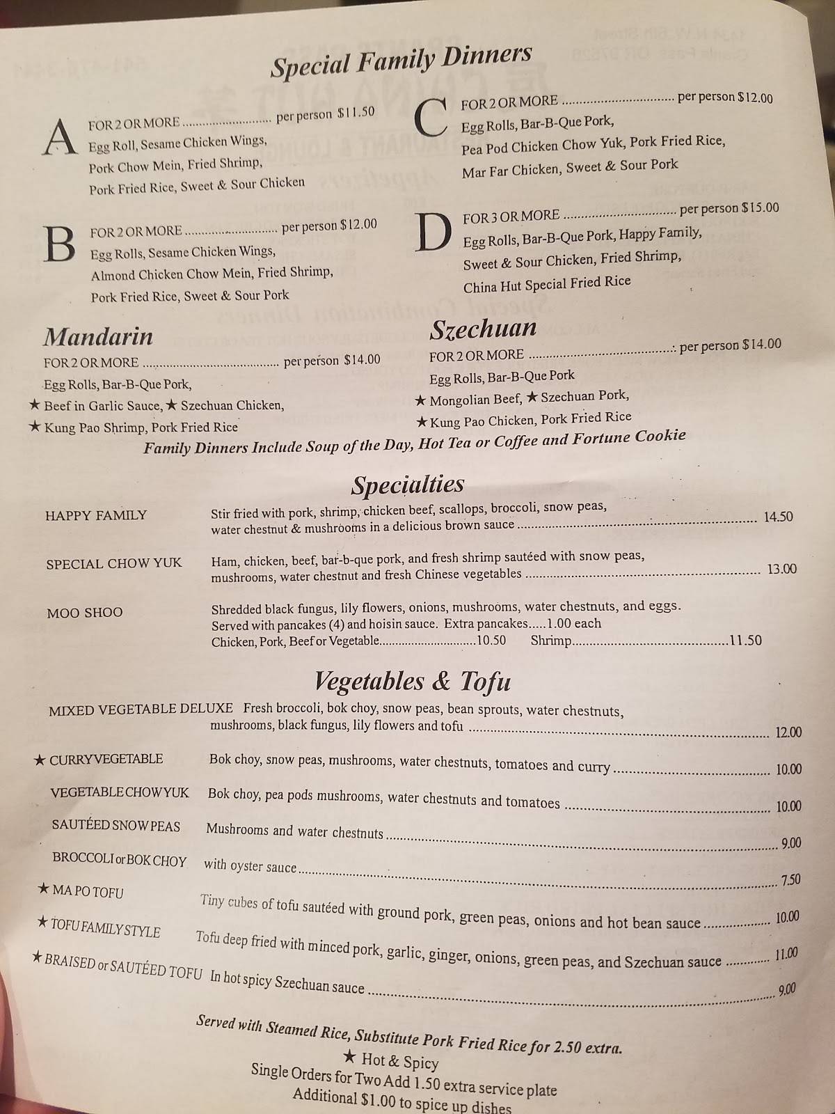 Menu at China Hut restaurant, Grants Pass