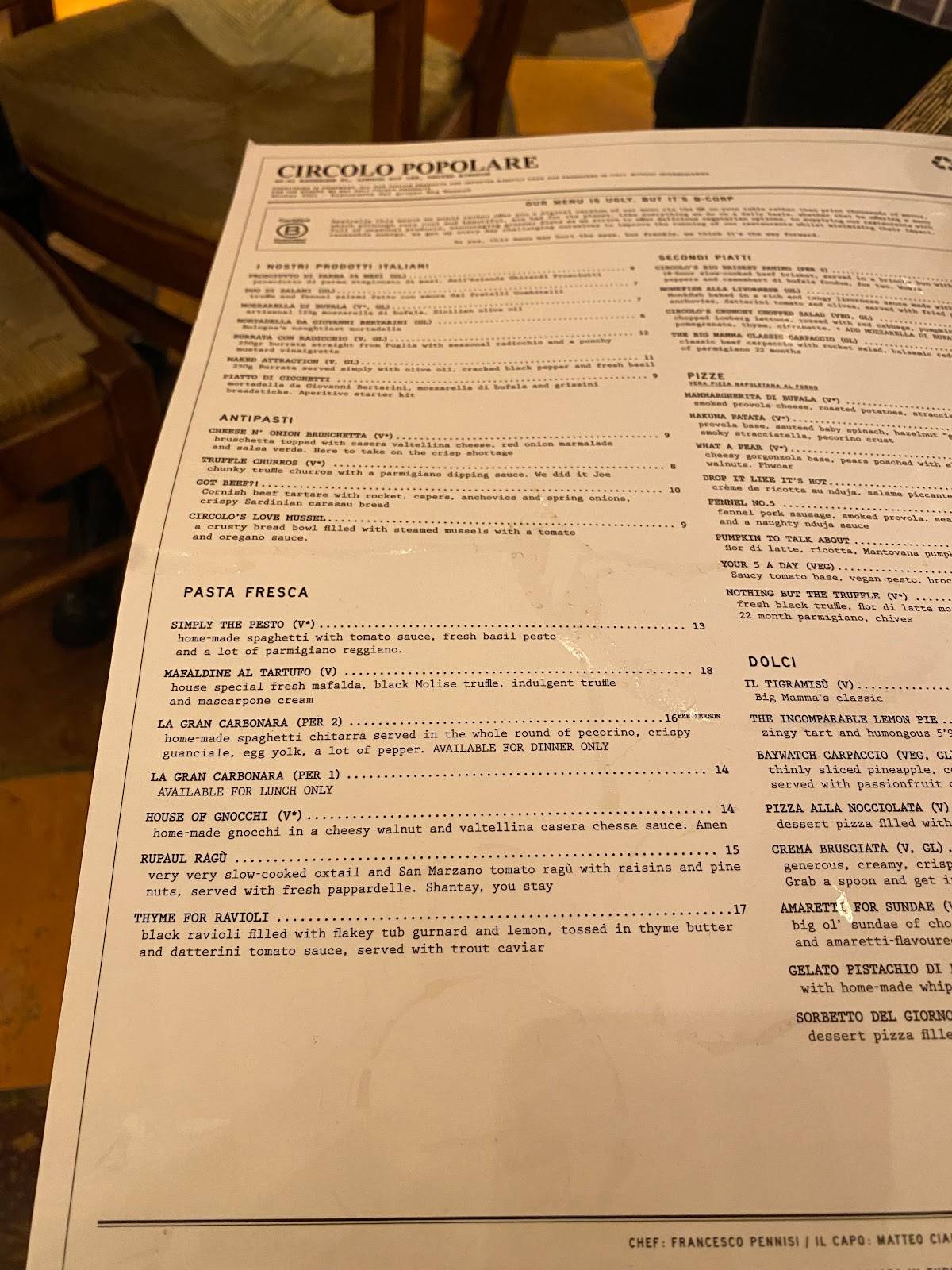 Menu at Circolo Popolare restaurant, London