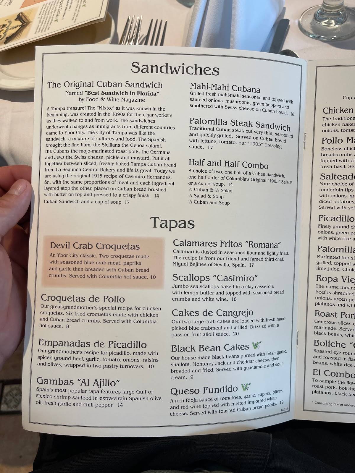 Menu at Columbia Restaurant, Sarasota