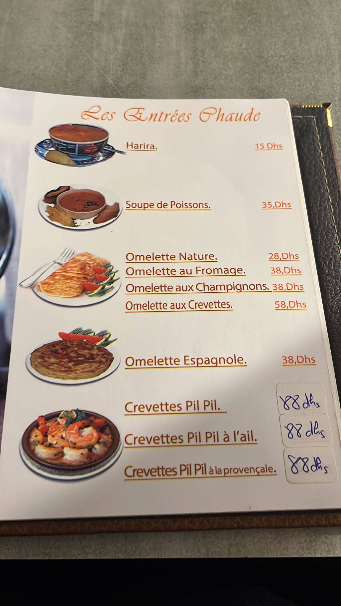 Menu au Comedia restaurant, Tanger
