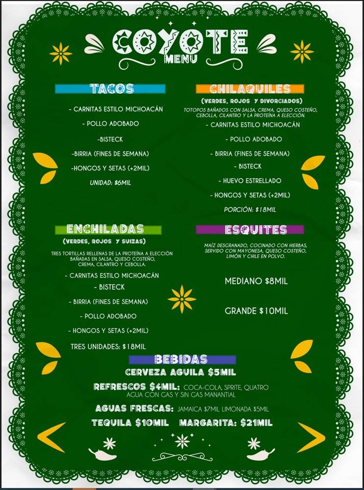 Menu at Coyote restaurant, Villa de Leyva