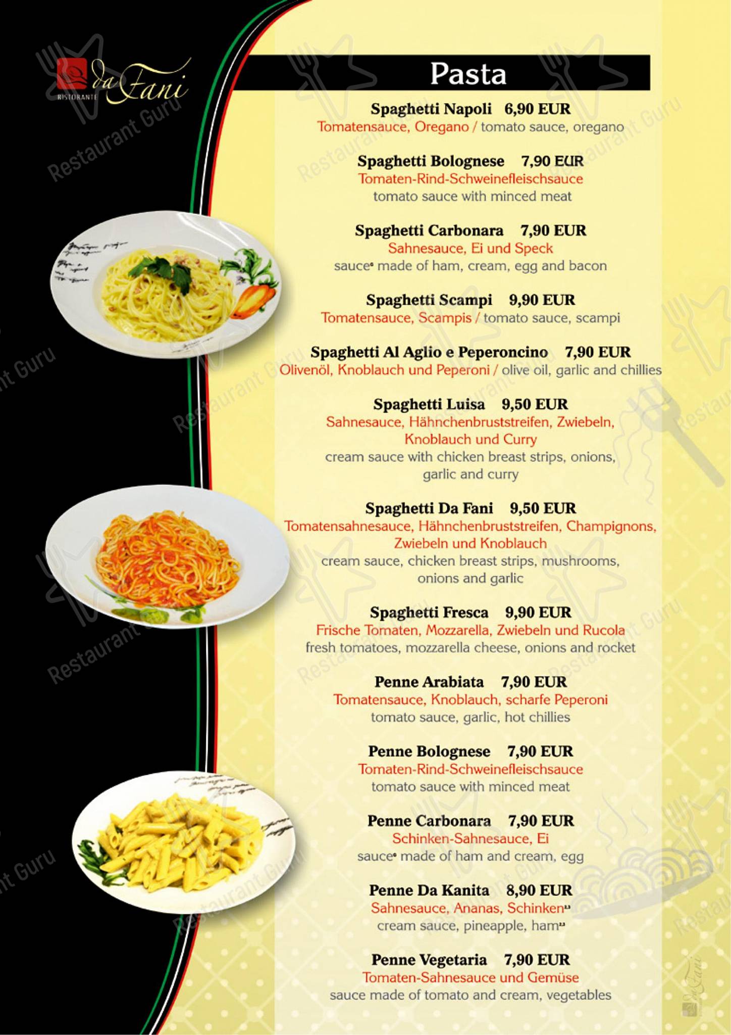 Speisekarte von Ristorante Da Fani restaurant, Hannover