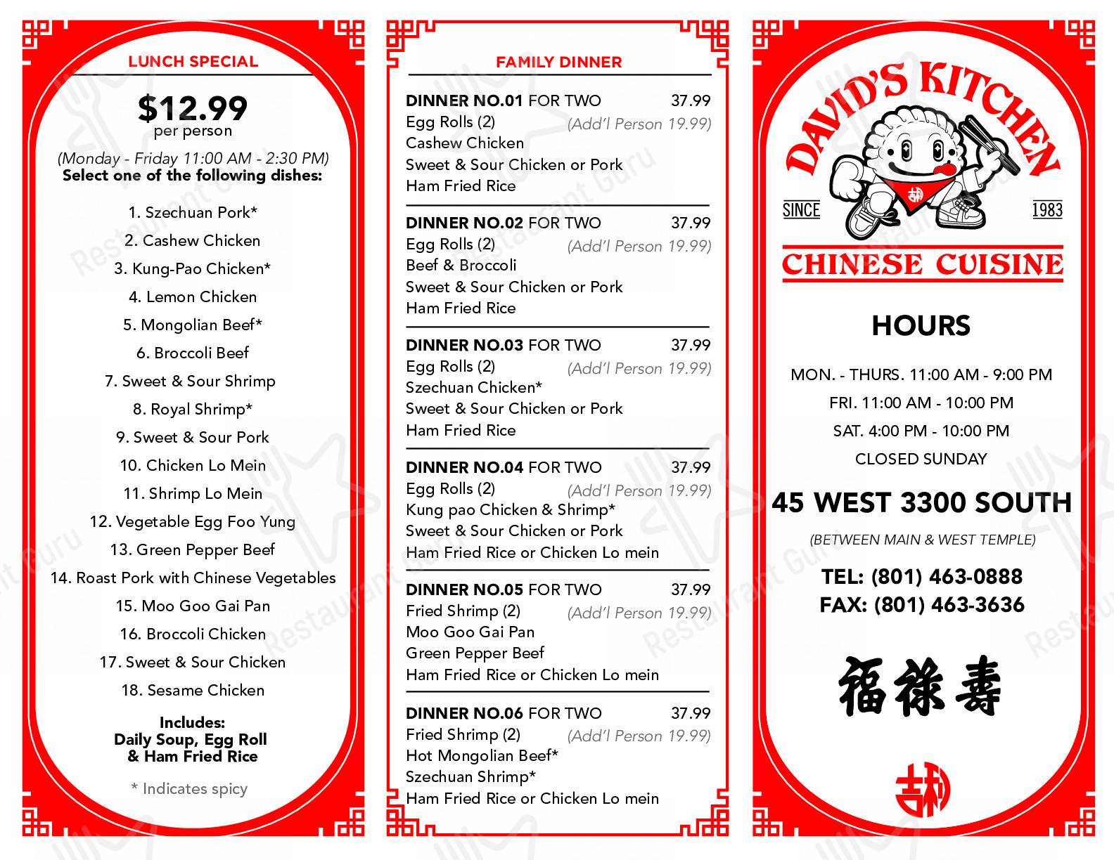 Menu at David's Kitchen restaurant, Salt Lake City, 45 W 3300 S