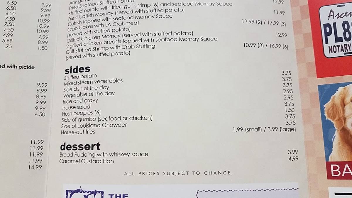 Menu at Dempsey's Poboys restaurant, Baton Rouge, Coursey Blvd