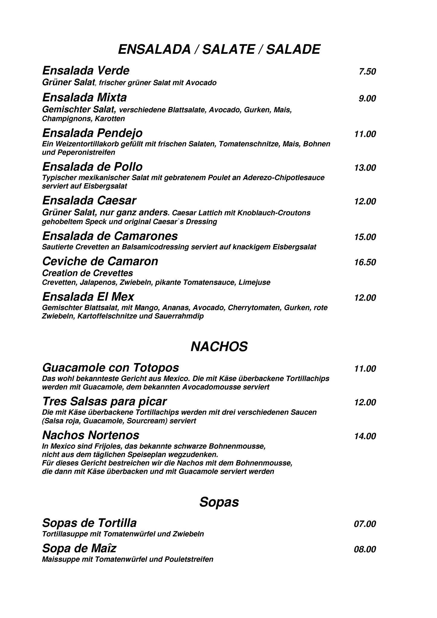 Menu au Restaurant El Mexicano Basel, Bale
