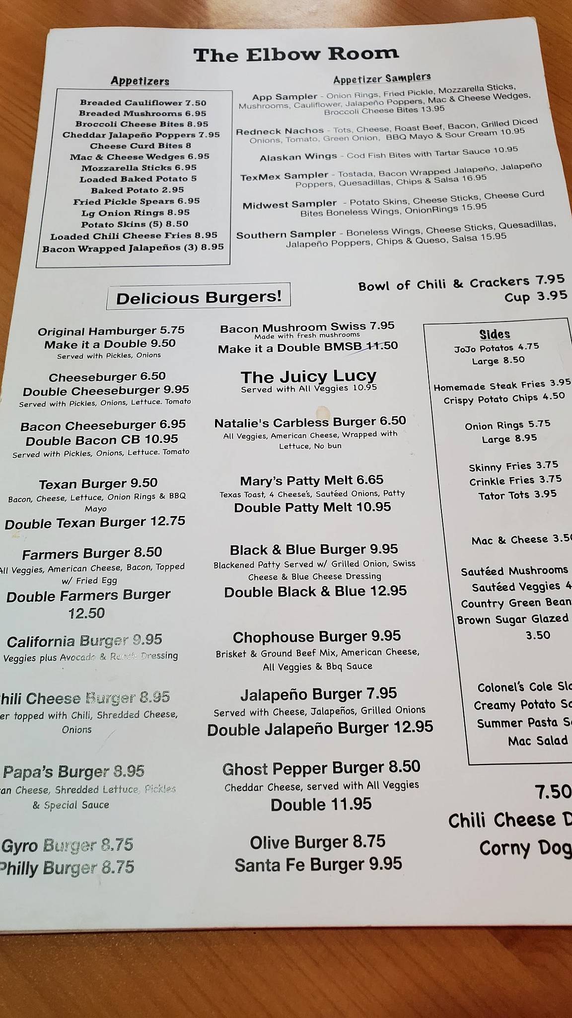 Menu at Elbow Room restaurant, Albert Lea