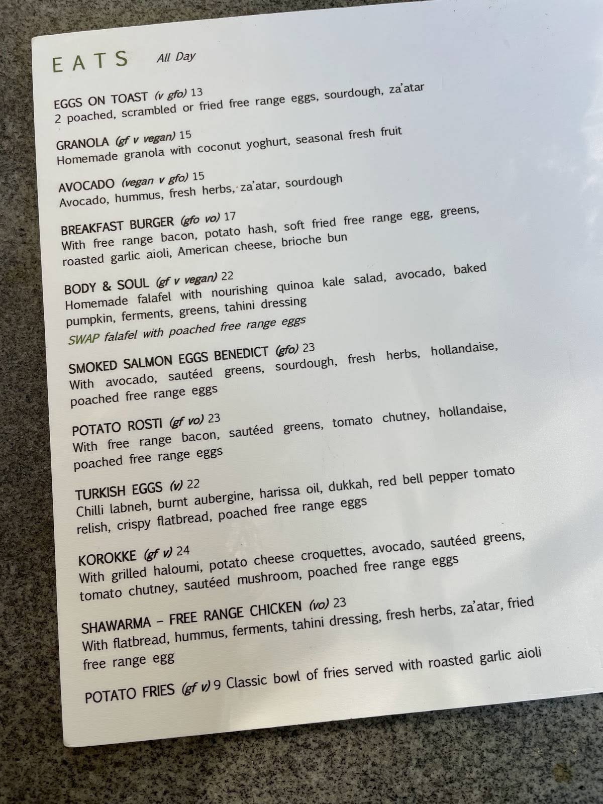Menu at Fiddle Leaf cafe, Bulimba