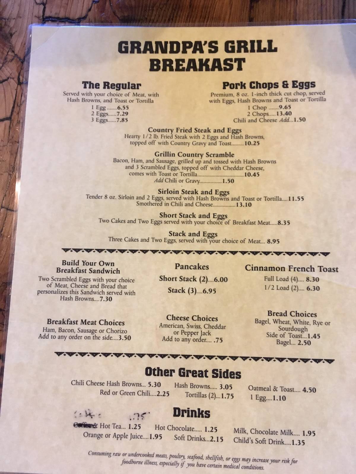 Menu at Grandpa's Grill restaurant, Gallup