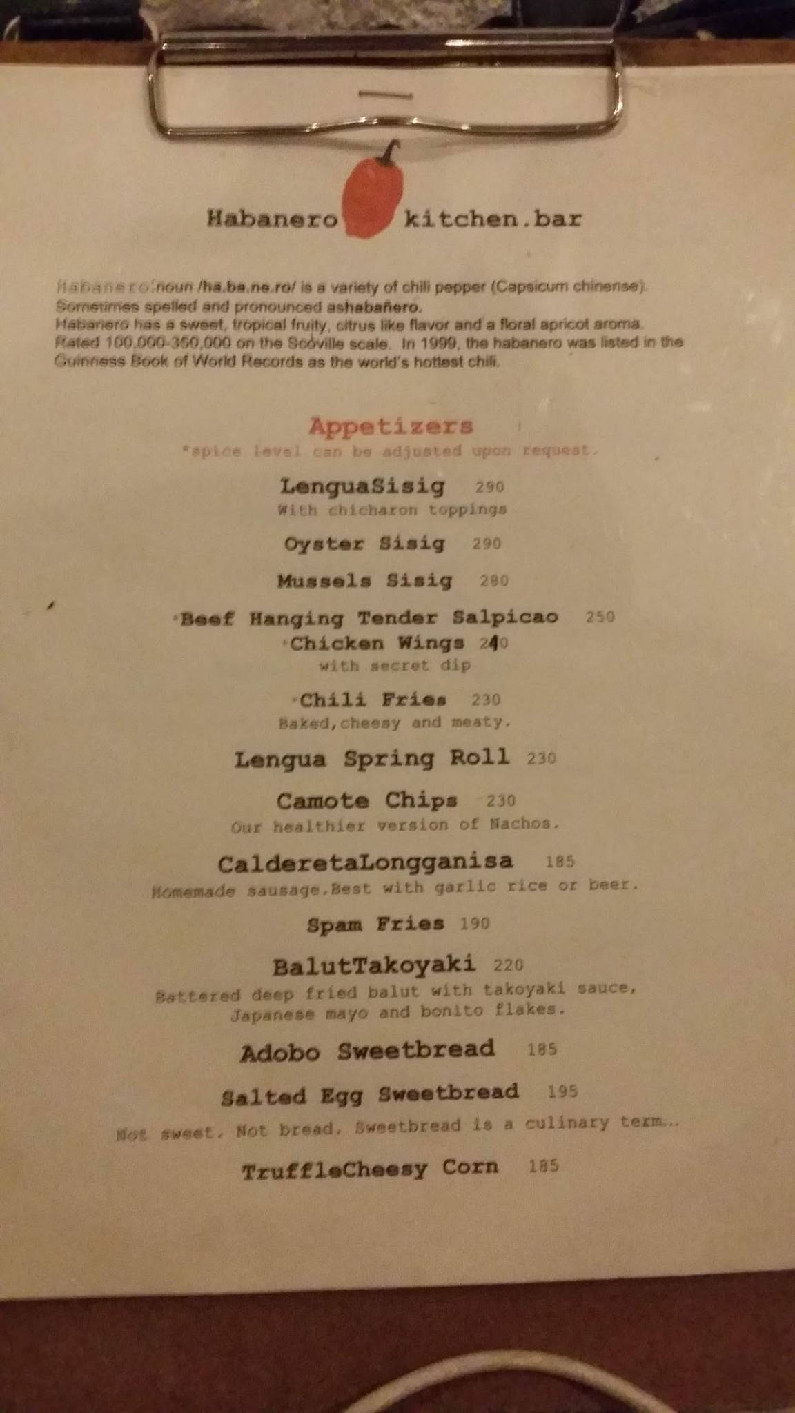 Menu at Habanero Kitchen Bar, Quezon City, Araneta Center