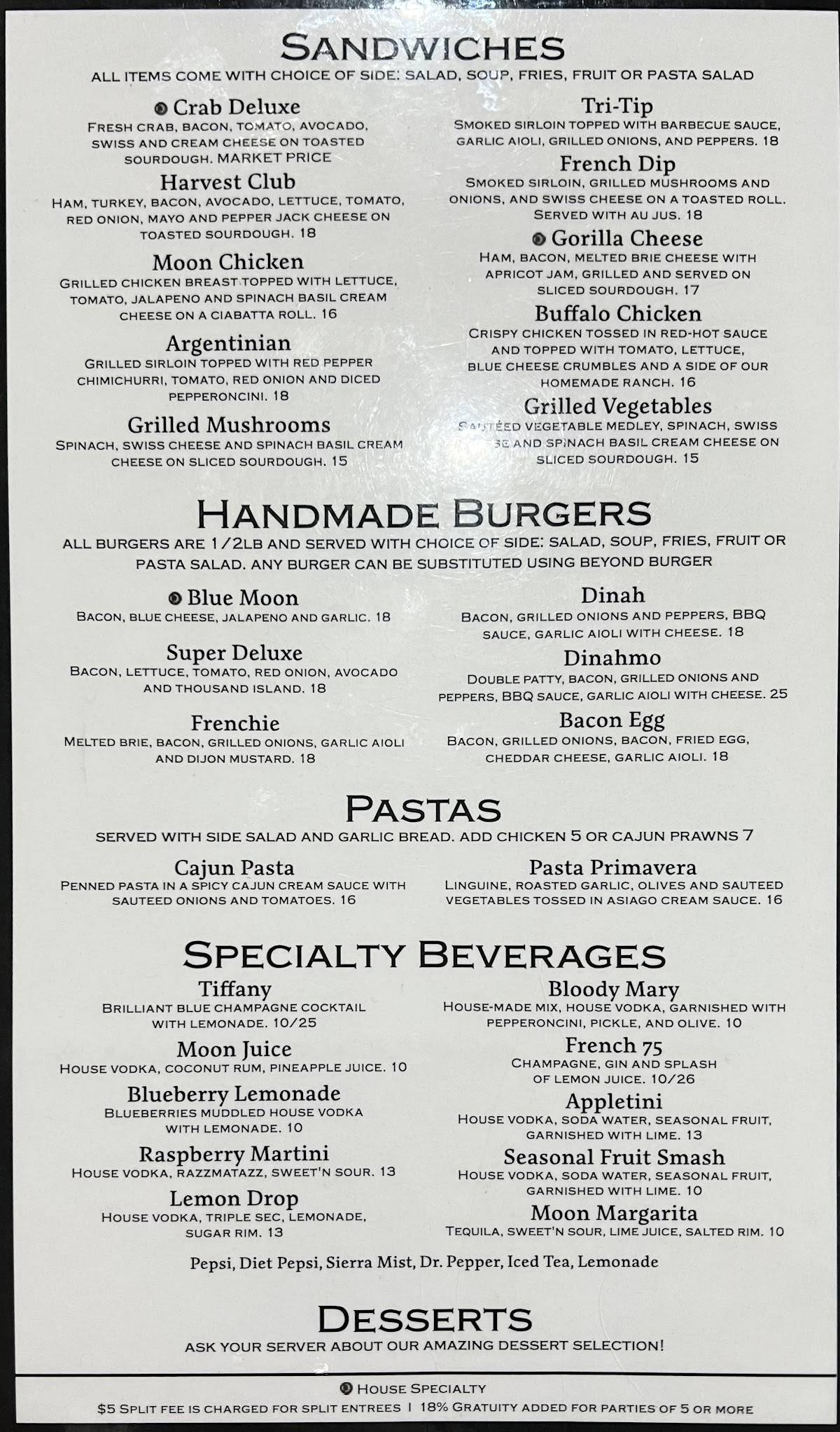Menu at Harvest Moon restaurant, Modesto