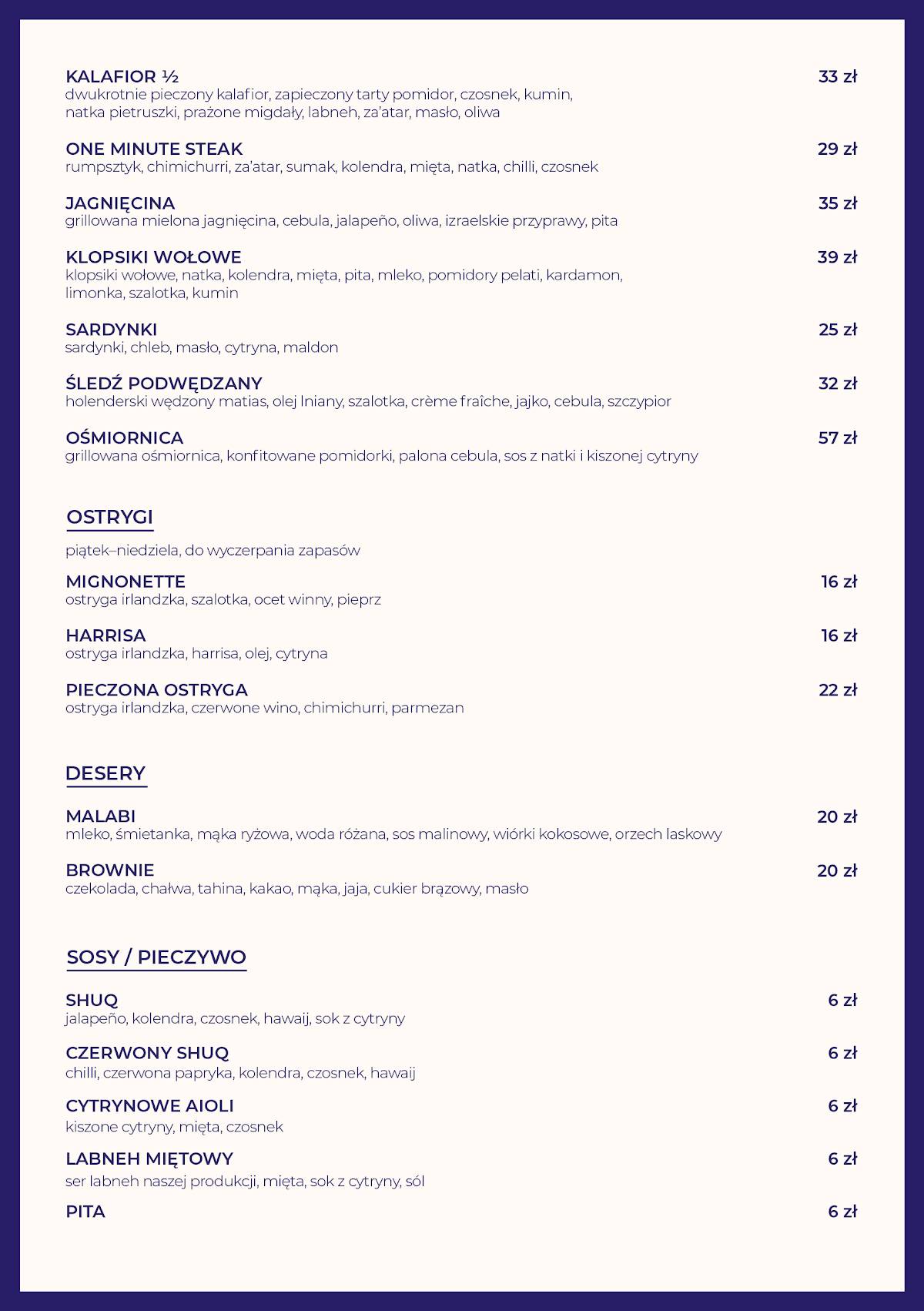 Menu at JOEL SHARING CONCEPT restaurant, Warsaw