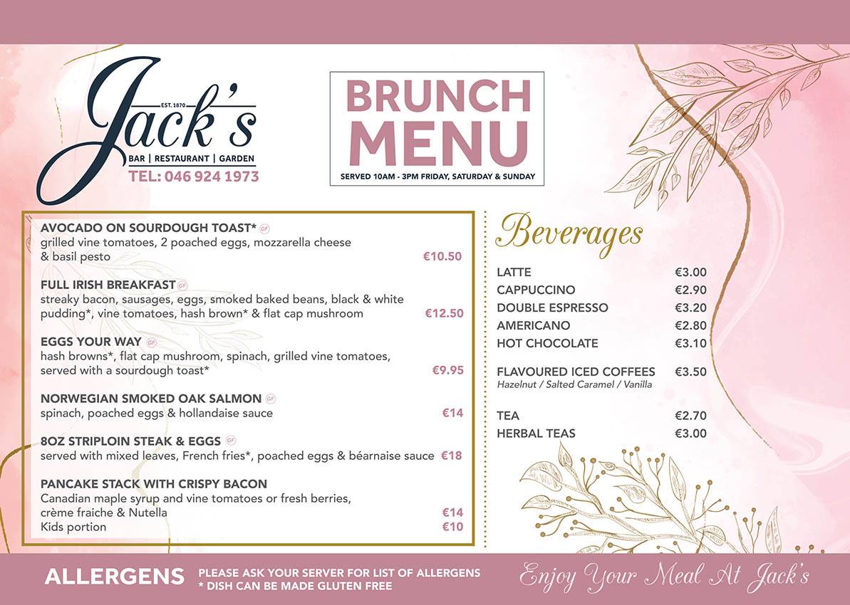 Menu at Jacks Bar and Garden, Kells