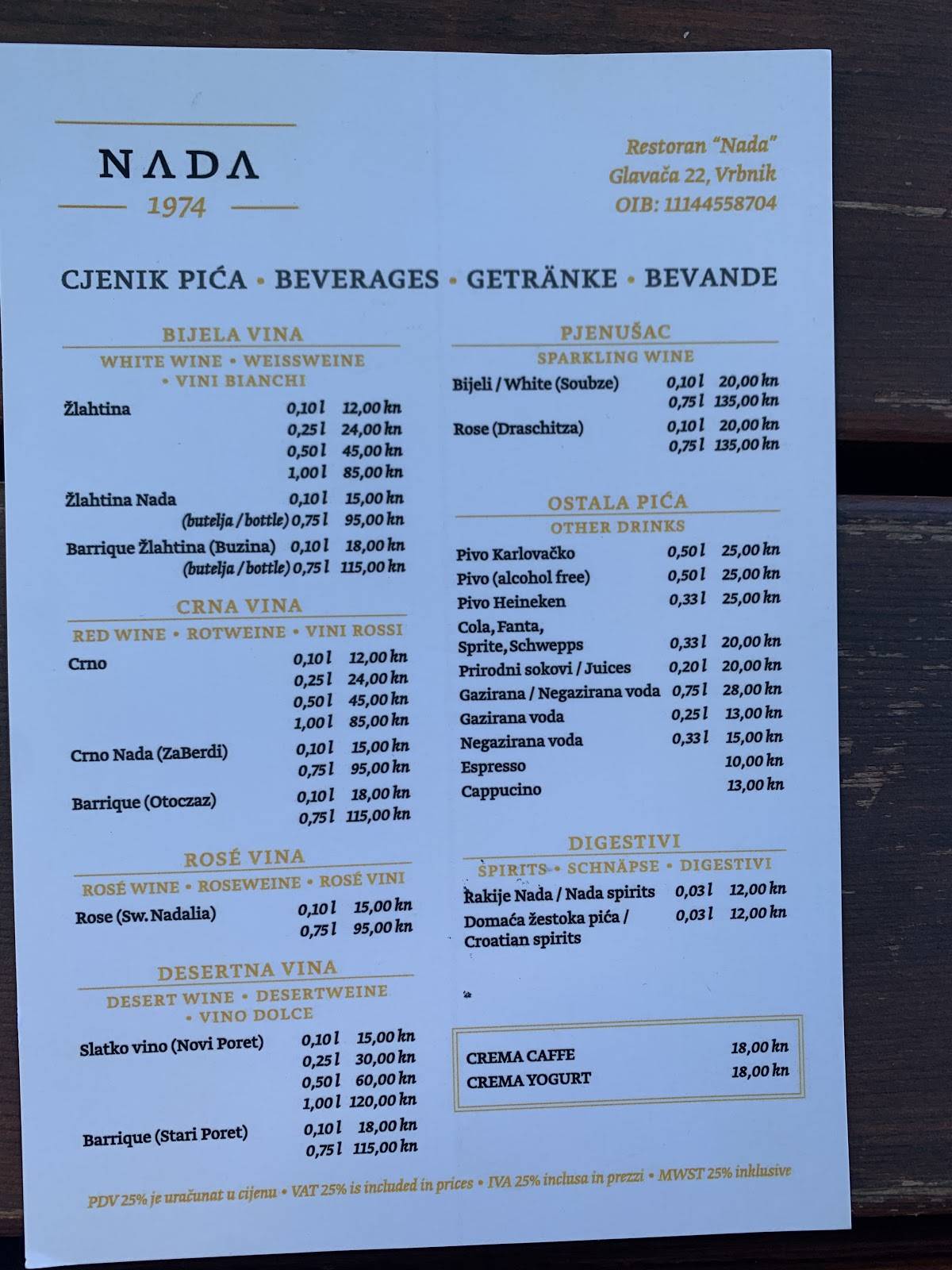 Menu at Restaurant Konoba Nada, Vrbnik, Vrbnik