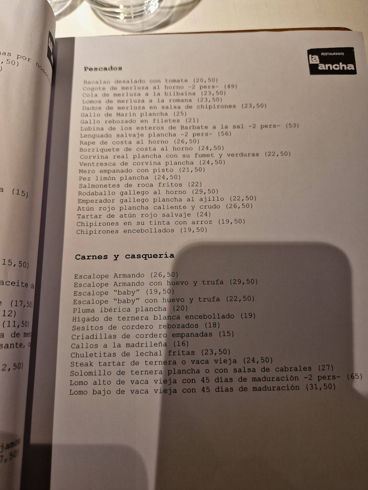 Carta del restaurante La Ancha, Madrid, C. del Príncipe del Vergara