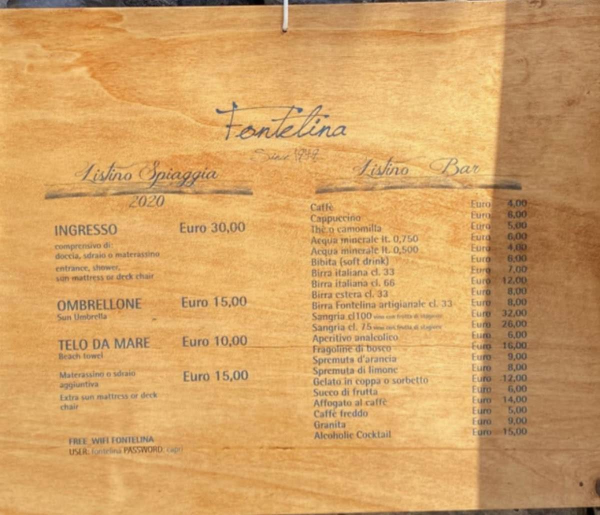 Menu at La Fontelina restaurant, Capri, Via dei Faraglioni