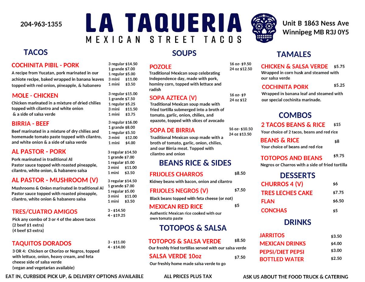 Menu at La Taqueria Mexican Street Tacos restaurant, Winnipeg