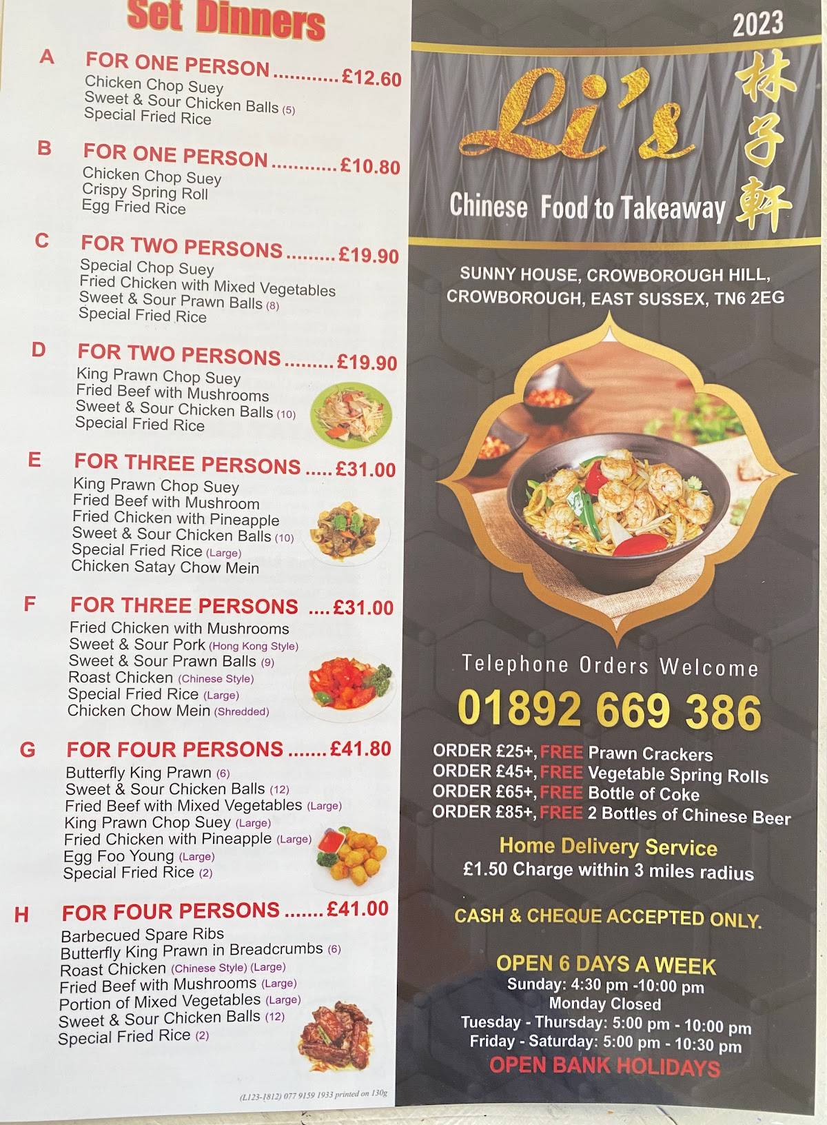 Menu at Lis restaurant, Crowborough, sunny house