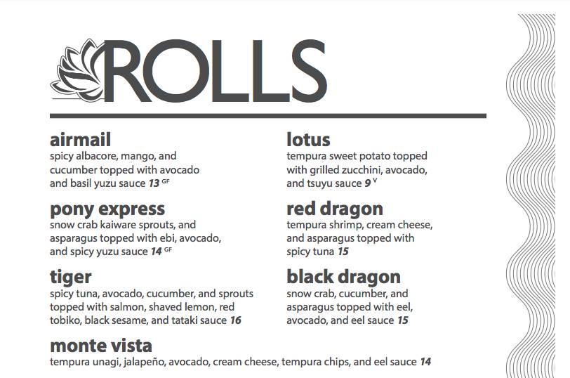 Menu at Lotus Lounge restaurant, Flagstaff