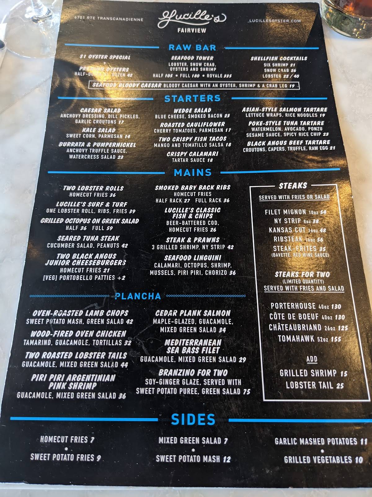 Menu at Lucille's Fairview Pointe-Claire restaurant, Pointe-Claire