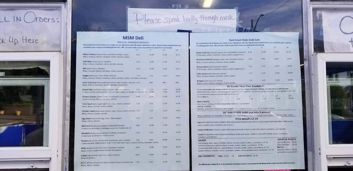 Menu at MSM Deli restaurant, Tacoma
