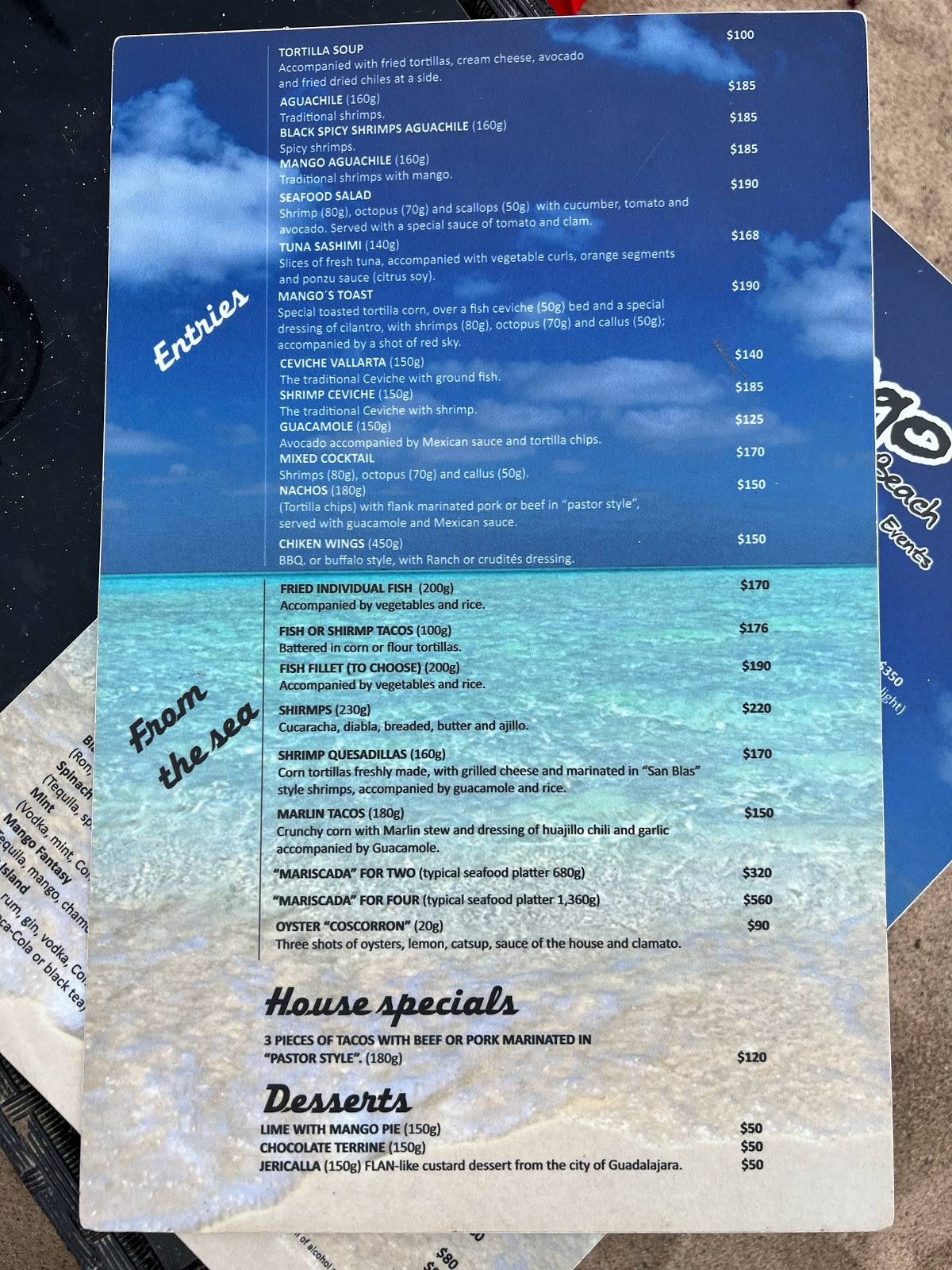 Menu at Mangos Beach Club, Puerto Vallarta