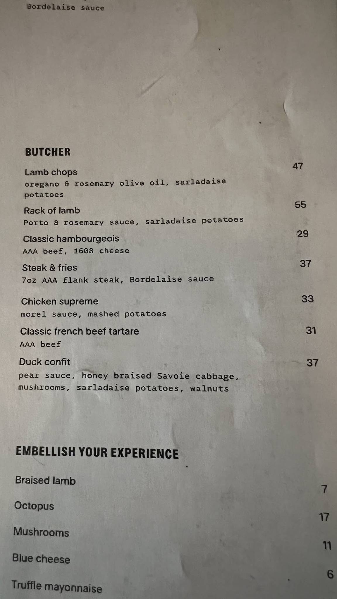 Menu at Modavie restaurant, Montréal, 1 Saint-Paul St W