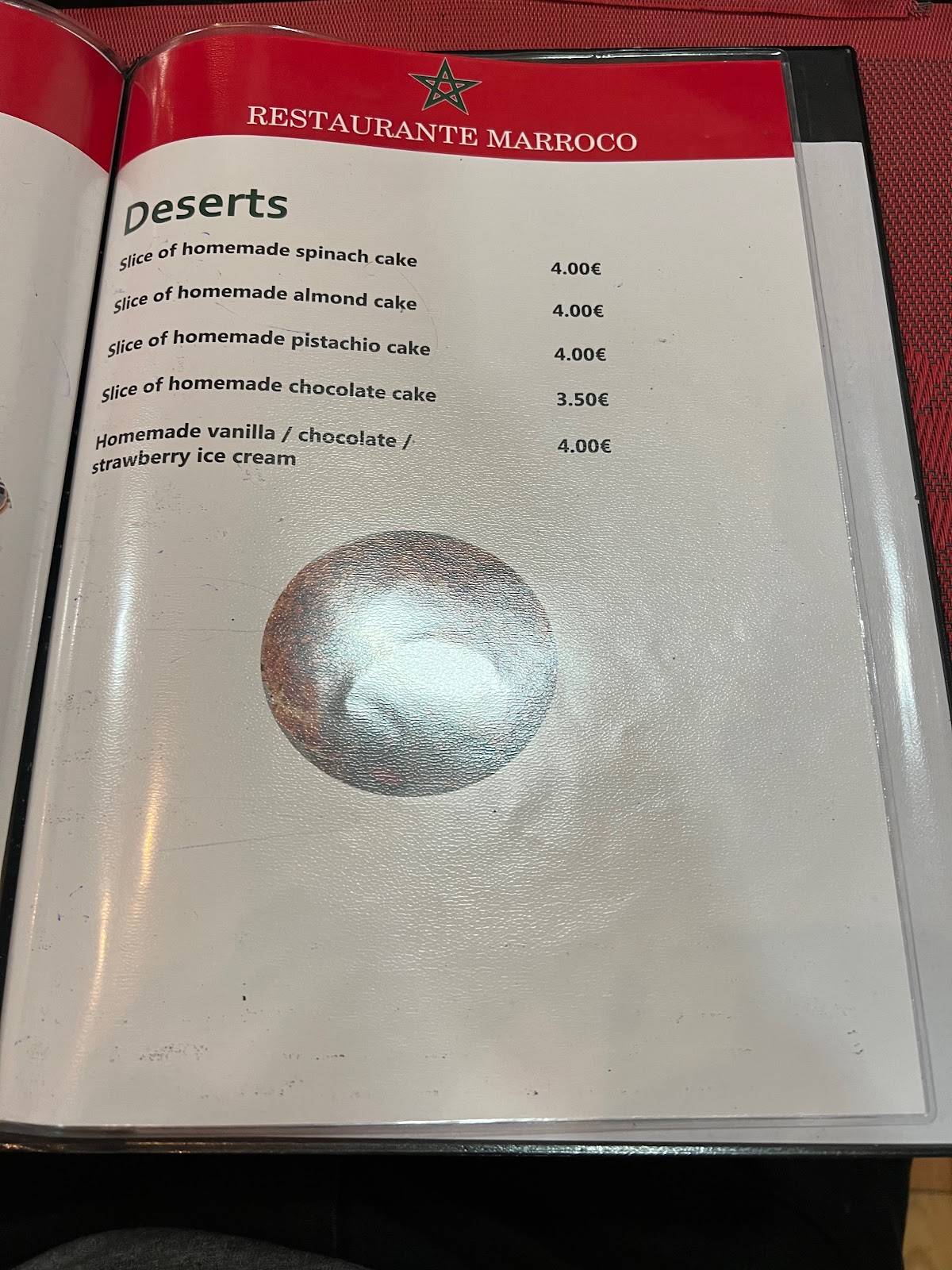 Menu at Moroccan Restaurant, Porto