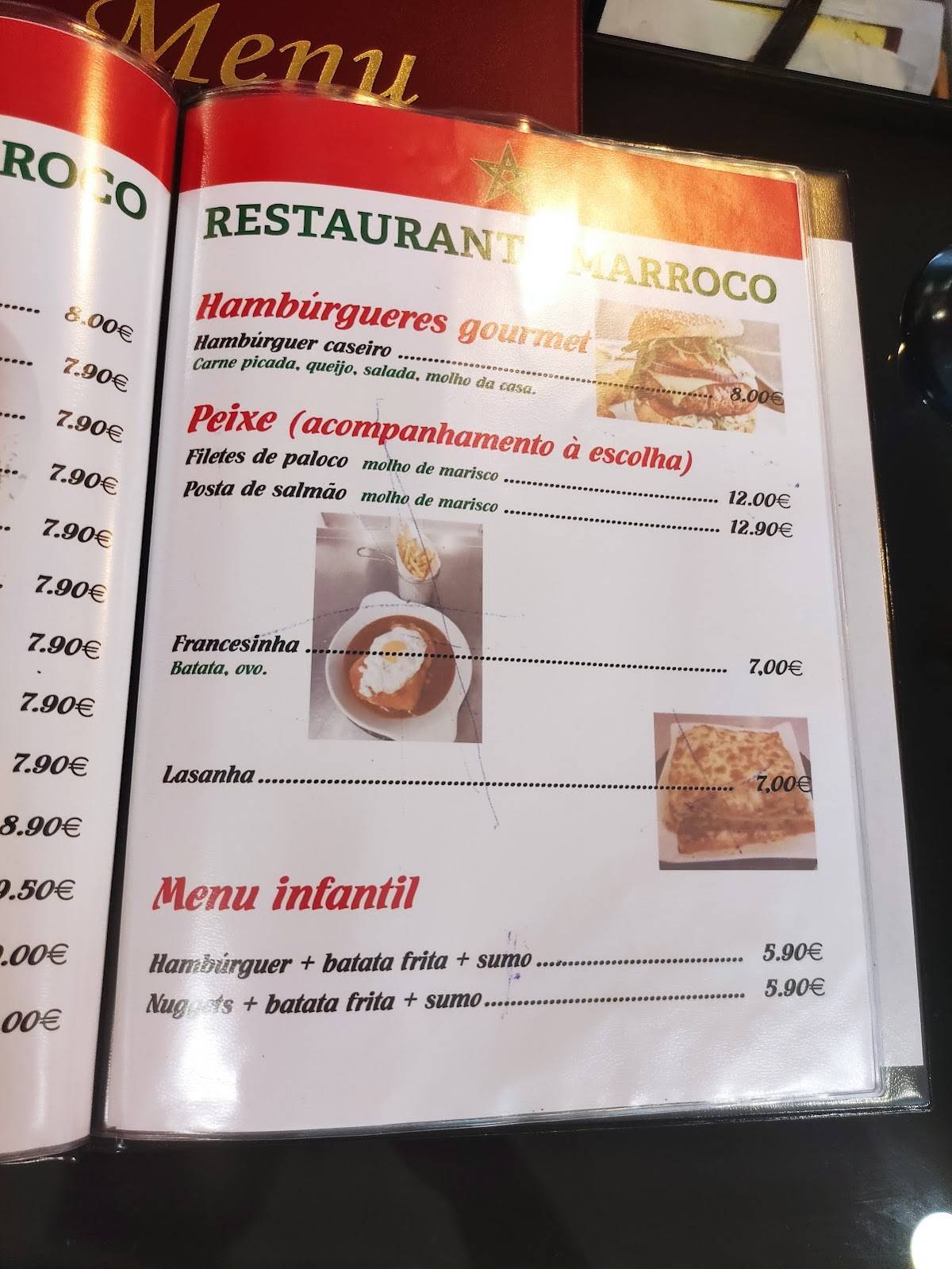 Menu at Moroccan Restaurant, Porto