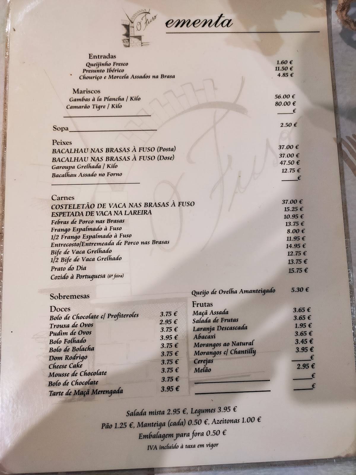 Menu em Restaurante O Fuso, Arruda dos Vinhos