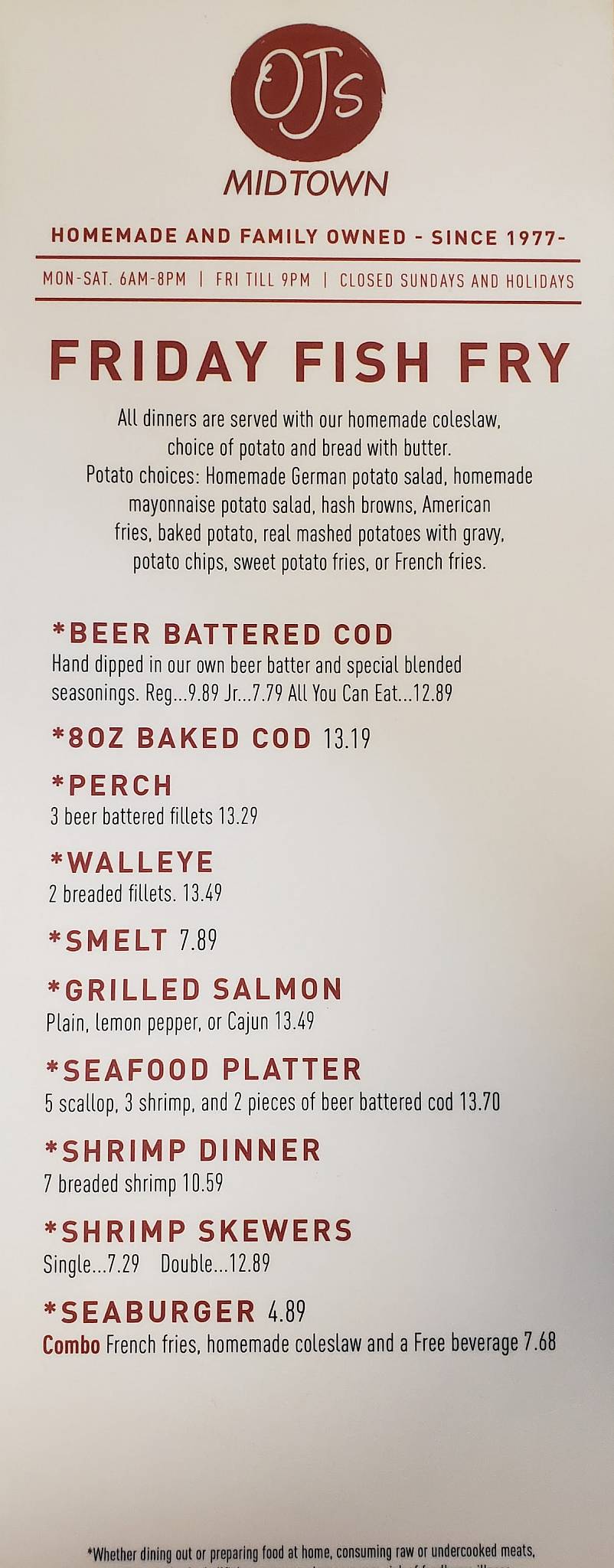 Menu at OJs Midtown Restaurant, Gillett
